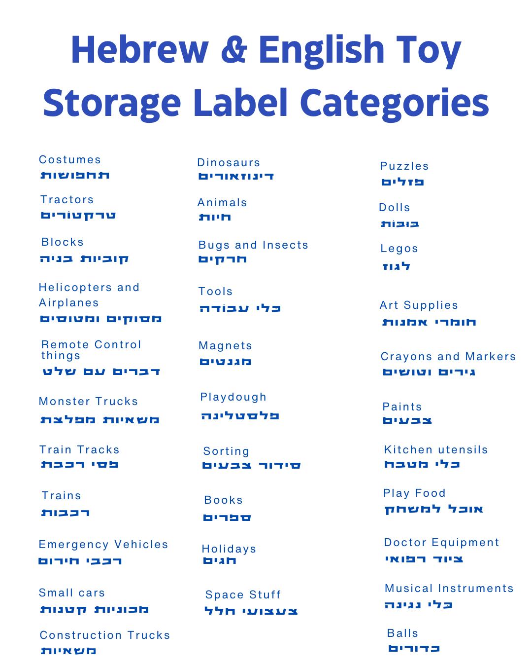 Hebrew English Customizable Toy Storage Bin Labels (32 Cards) | Toy ...