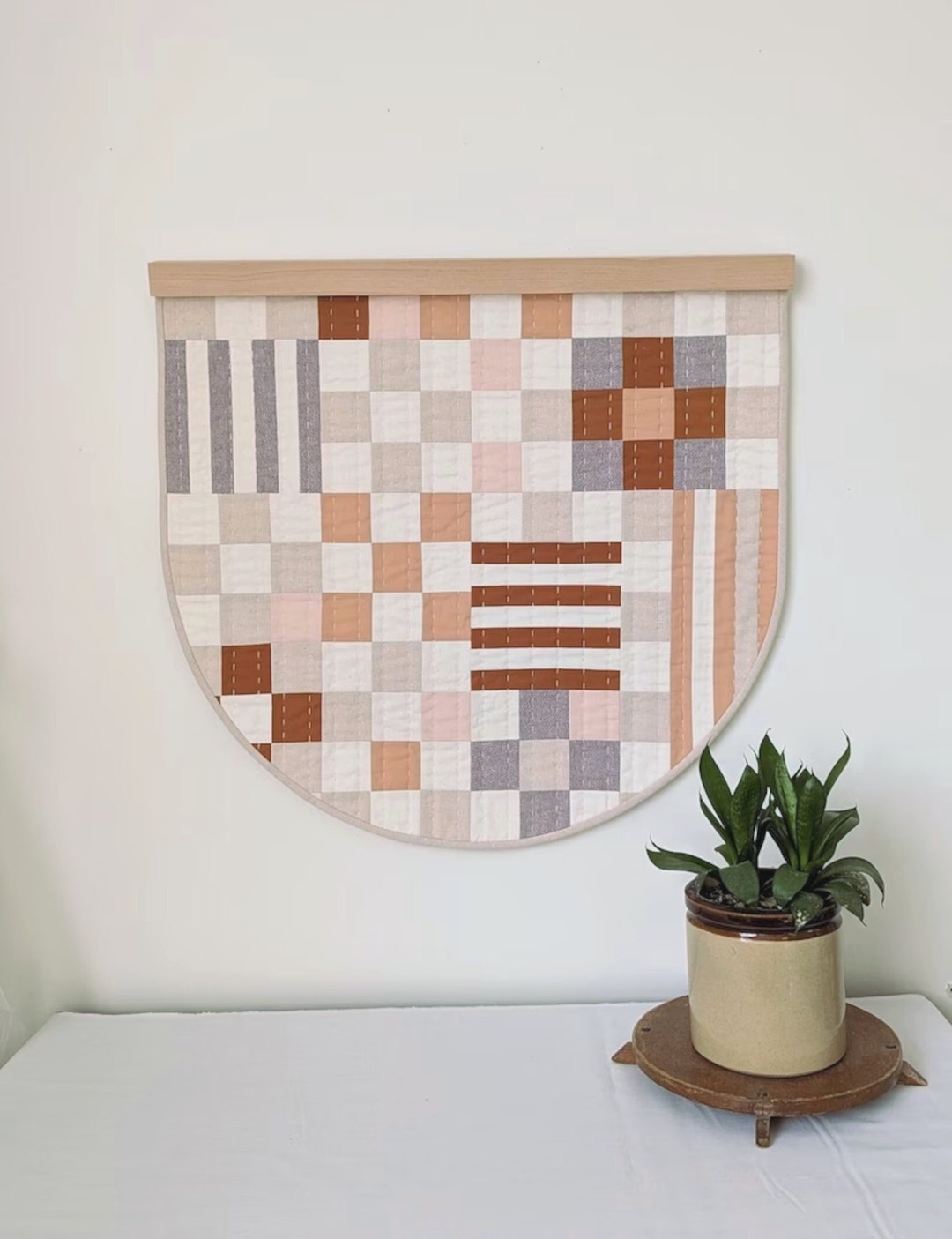 Hand Stitched Quilted Wall Hanging: Checkerboard Patchwork With Wood ...