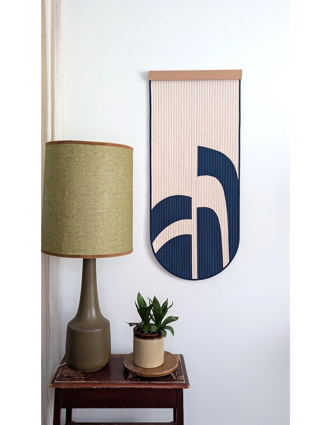 Navy Blue and Natural Linen Quilted Wall Hanging Narrow Wall Tapestry ...