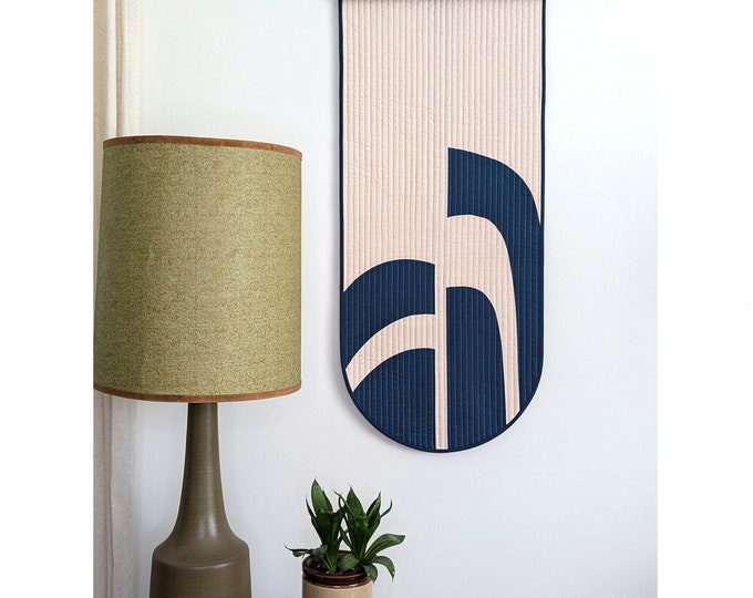 Navy Blue and Natural Linen Quilted Wall Hanging - Narrow Wall Tapestry ...