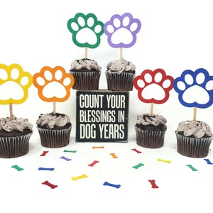 Paw Print Cupcake Toppers for Dog Birthday Party, Set of 6, Rainbow - Etsy
