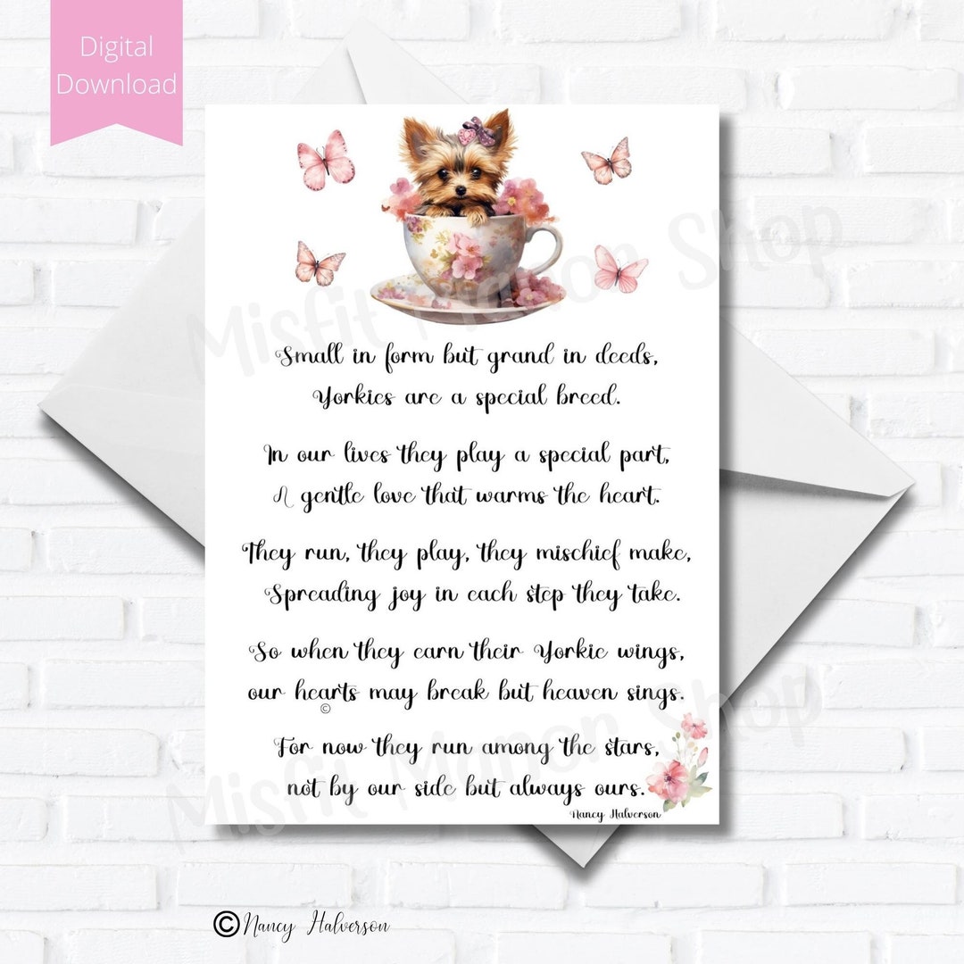 Printable Dog Sympathy Card for Loss of Yorkie, Digital Download ...