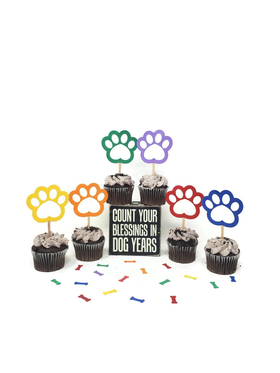 Paw Print Cupcake Toppers for Dog Birthday Party, Set of 6, Rainbow - Etsy