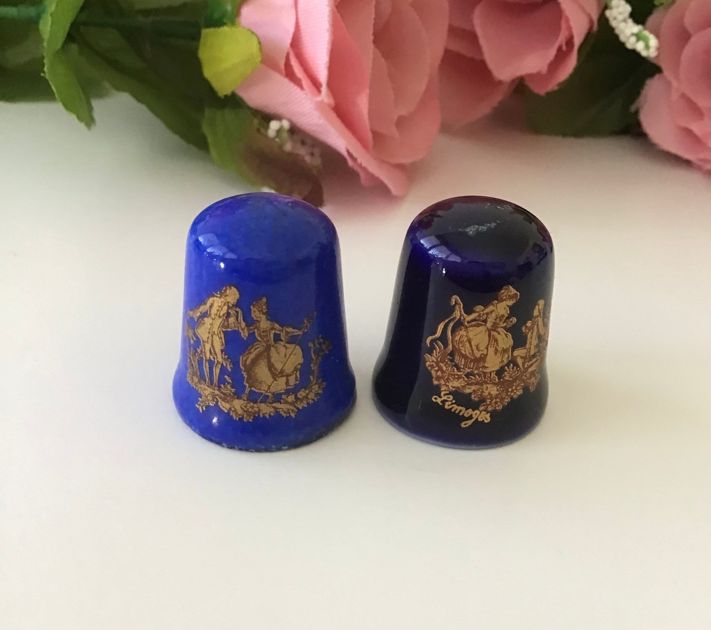 Vintage Limoges France Thimbles Blue and Gold Ceramic / Porcelain ...