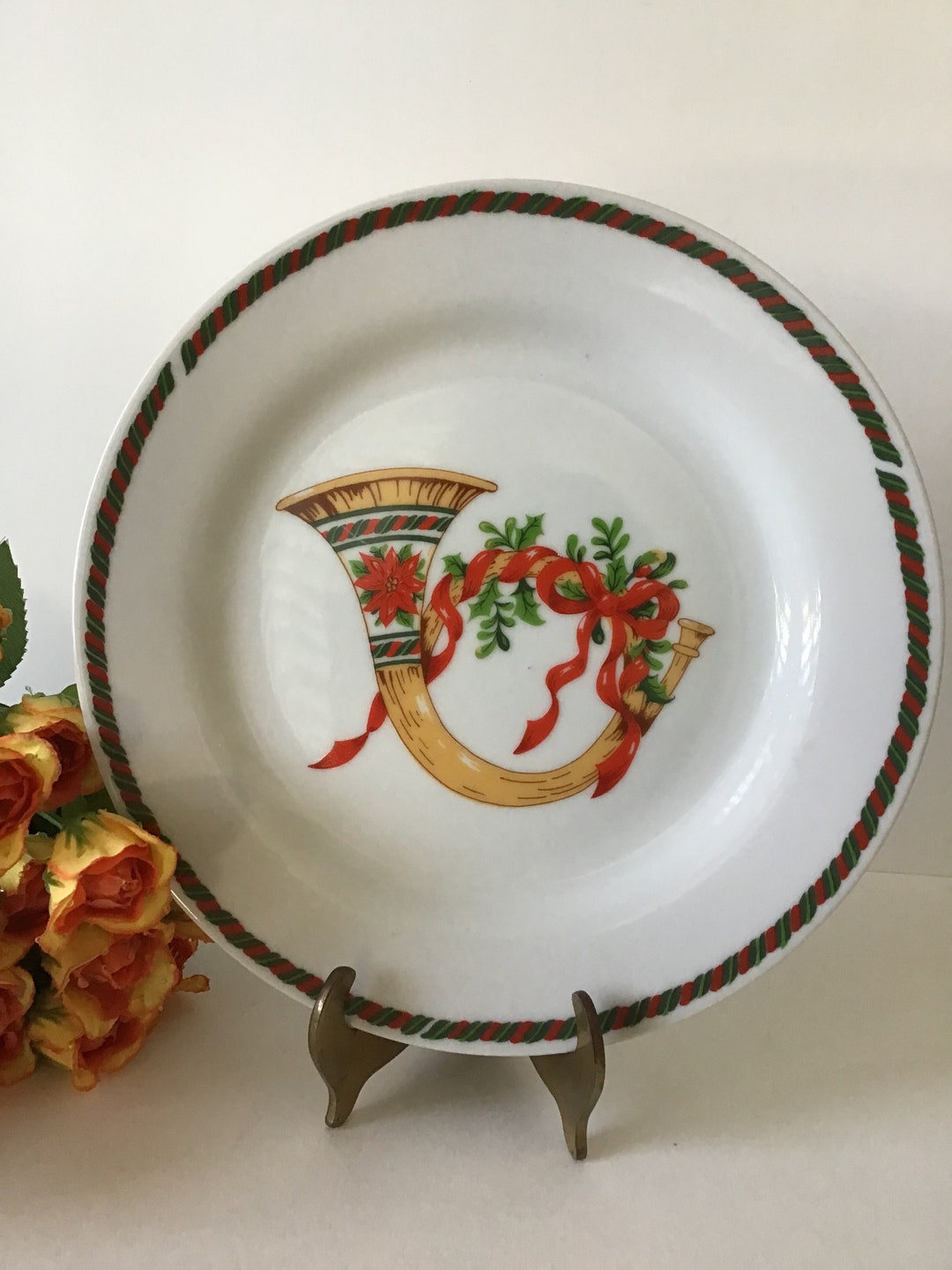 Two 2 White Plates With Festive Trumpet Design Bread/salad Plates ...