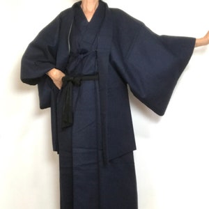Mens Japanese Kimono Set Robe & Haori Wool Blend Blue Vintage Dressing ...