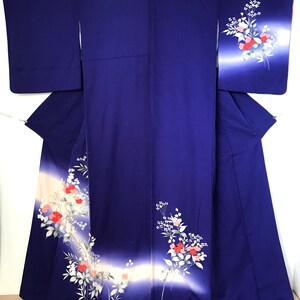 Kimono Robe Royal Blue Japanese Floral Long Vintage Dressing Gown Women ...