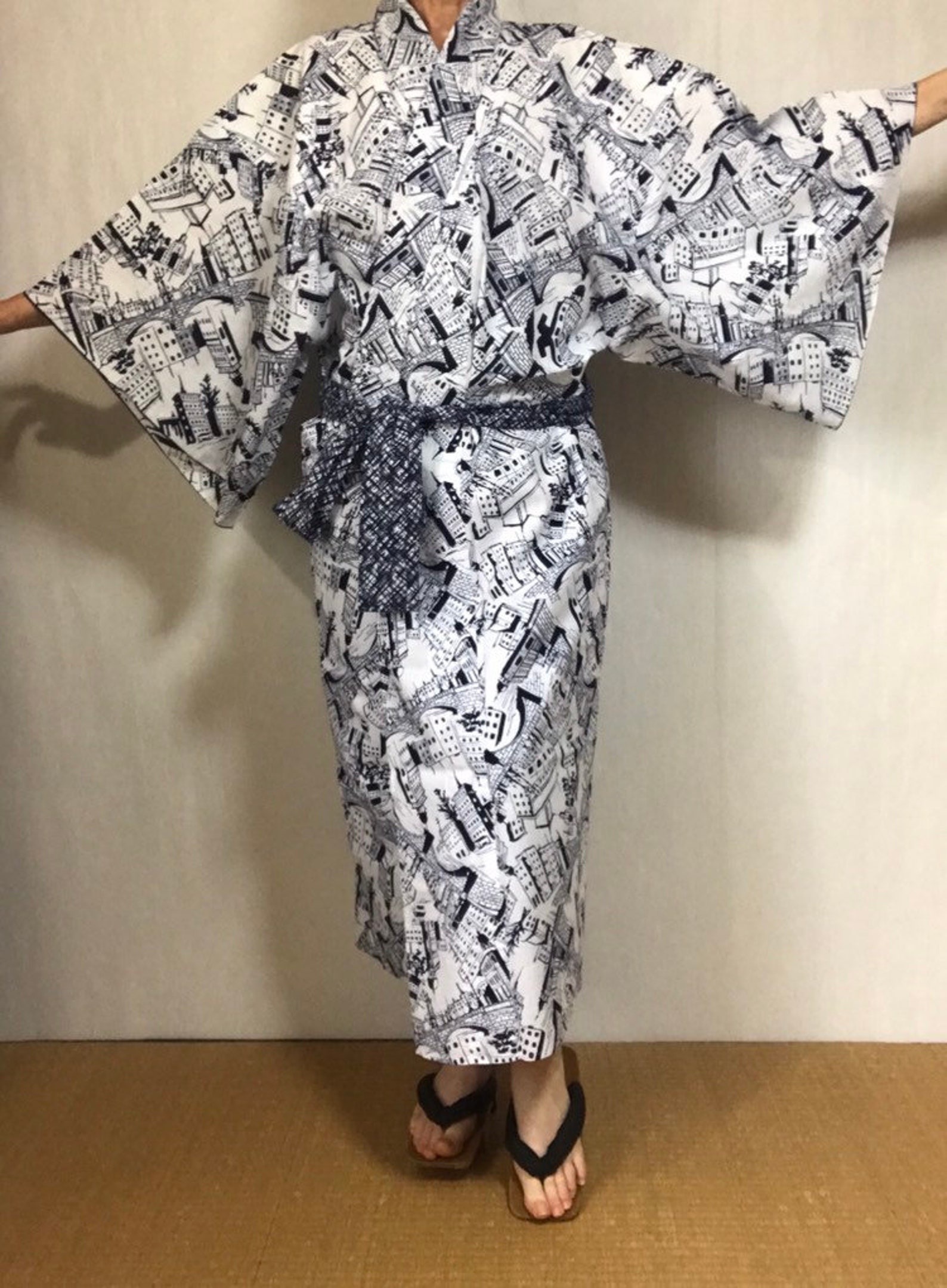 Japanese Kimono Robe Men's Cotton Yukata Blue White | Etsy