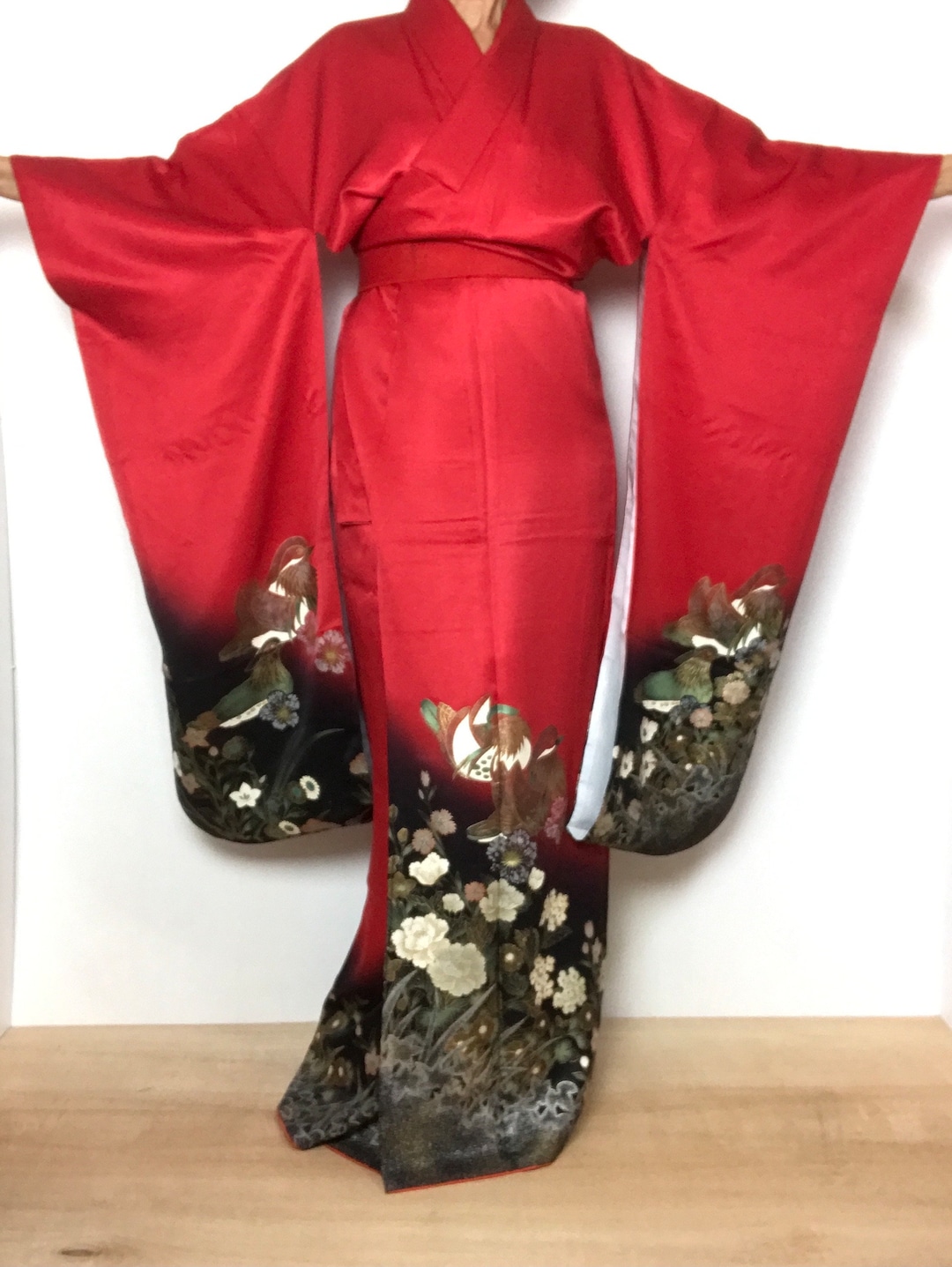Intense Red Furisode Kimono Japanese Robe Birds & Floral Long Sleeve ...