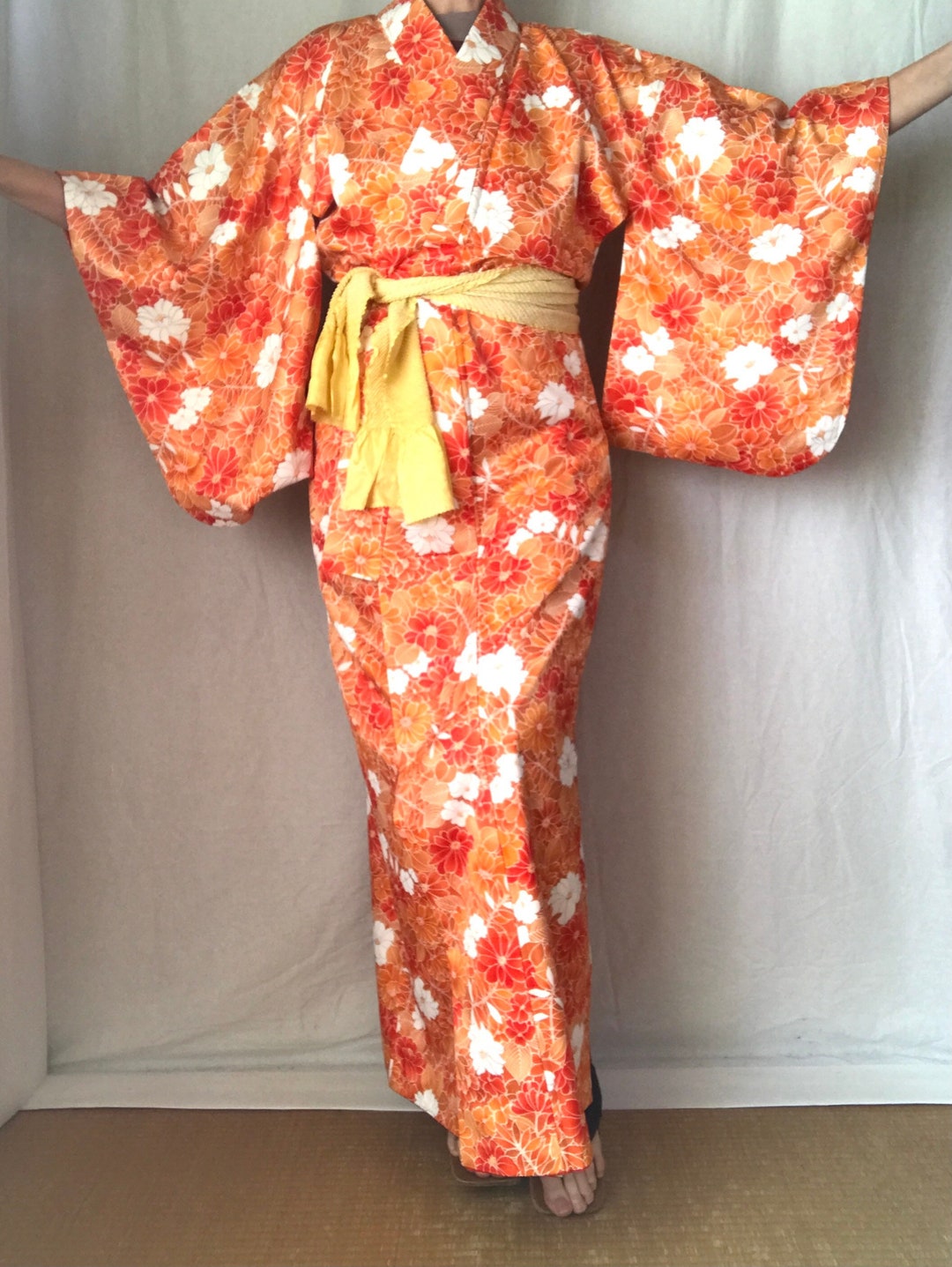 Traditional Japanese Kimono Robe Floral Womens Long Orange Dressing ...