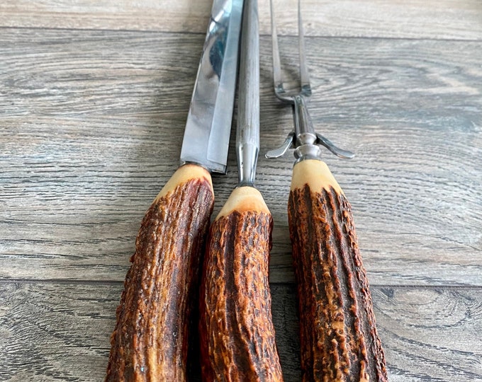 Mid Century Bone Antler Handles 3 Piece Carving Set W/ Knife Sharpener ...