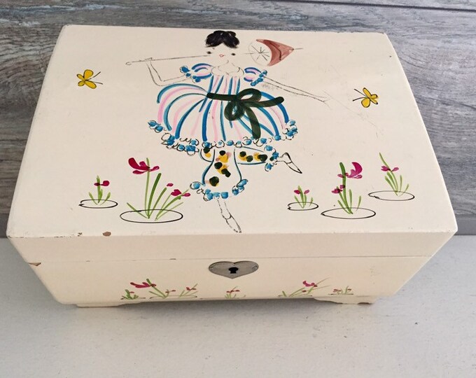Vintage French Music Box 1950's Hand Painted / White Lacquer ...