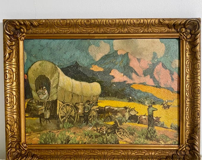 1920's 'robert Wesley Amick' Covered Wagon Indian Attack Western Art ...
