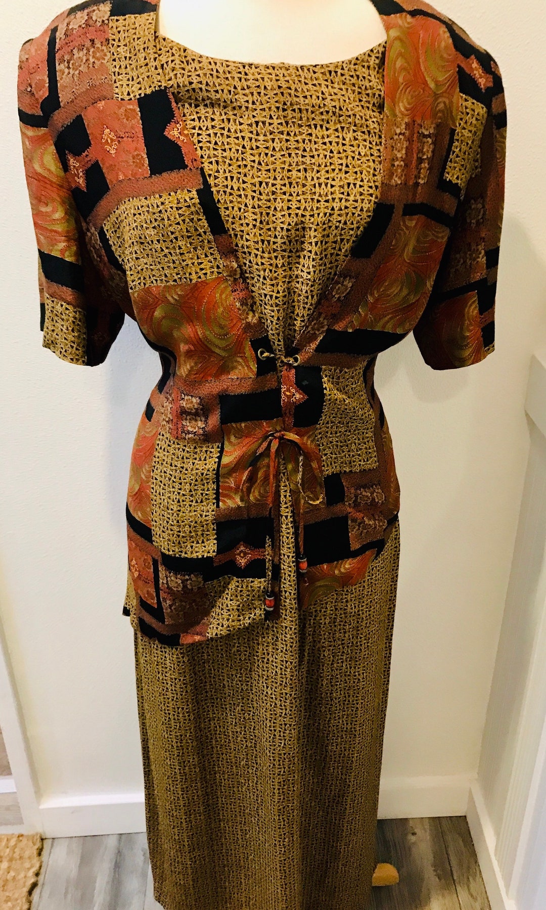 1980s Fall Maxi Dress With Jacket: Abstract Print Rayon, Women's Size ...