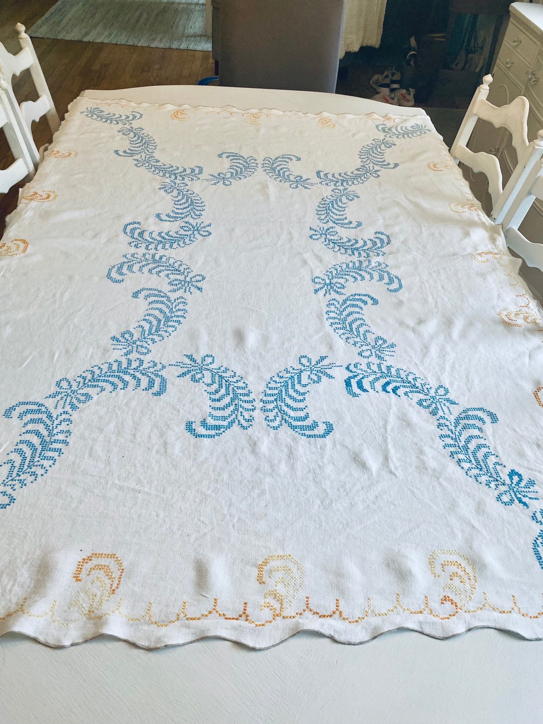 1050's Cross-stitch Hand Made Rectangular Shaped Tablecloth 48" X 63 ...