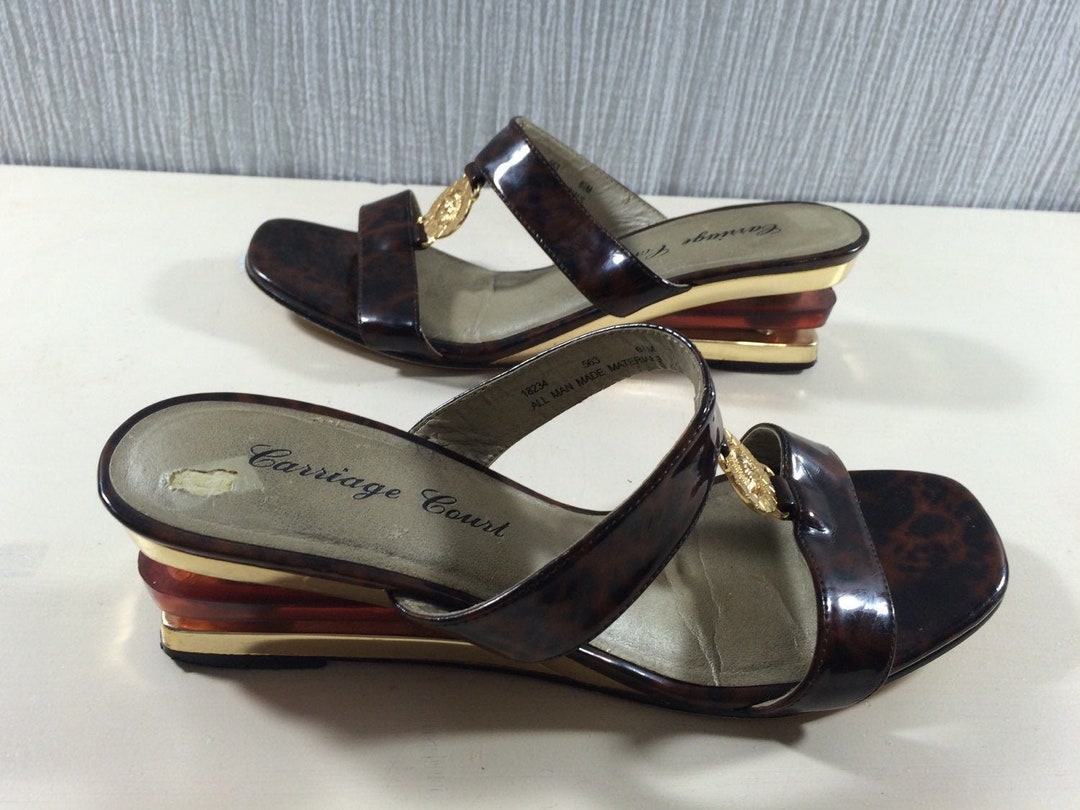 Retro Gold Tone Lucite Wedged Backless Sandals by Carriage - Etsy