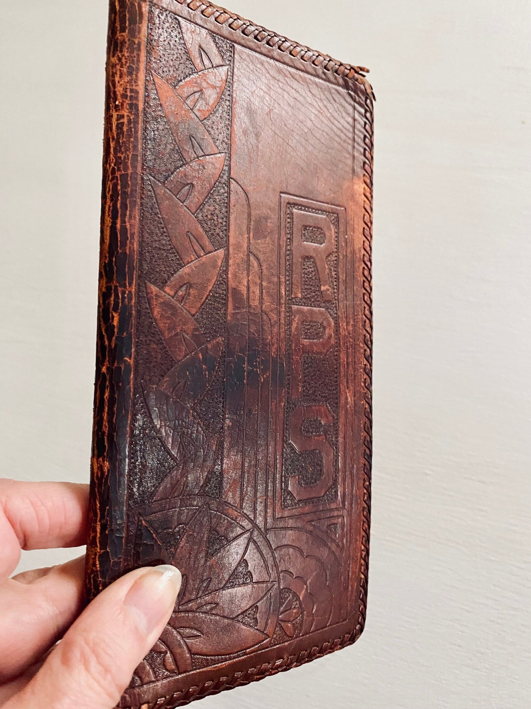1960's Brown Hand Tooled Leather Initials RPS Whip Stitch Edging ...