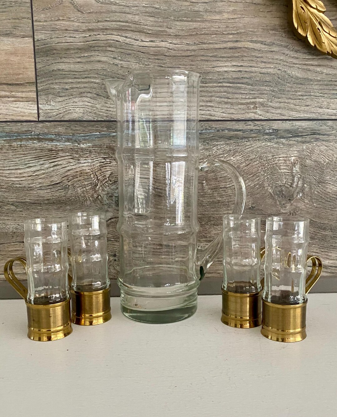 MCM Glass Pitcher Set: Bamboo Design, Brass Handle Shot Glasses - Etsy