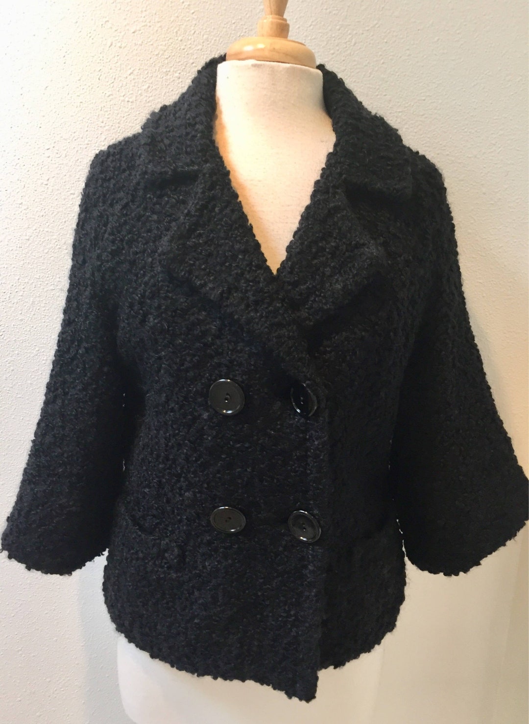 Black Faux Curly Lambs Wool Cropped Double Breasted Short Coat / Jacket ...