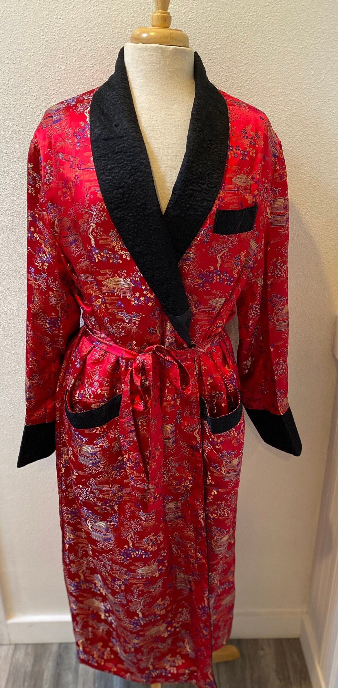 Vintage Asian Long Red With Black Trim Smoking Robe Lounging Robe Size ...