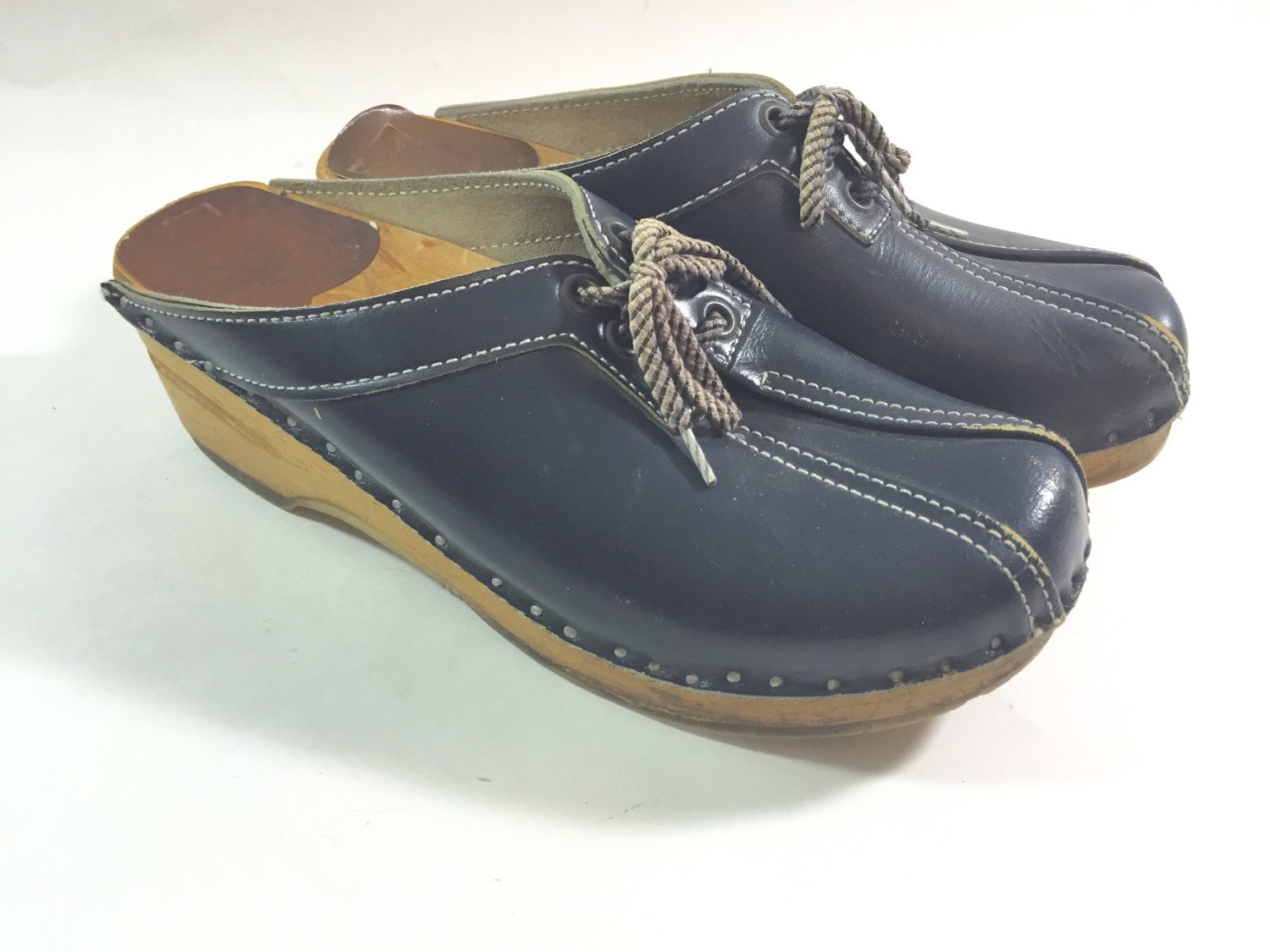 Bastad Original Navy Blue Leather Wooden Clogs Ladies Euro | Etsy