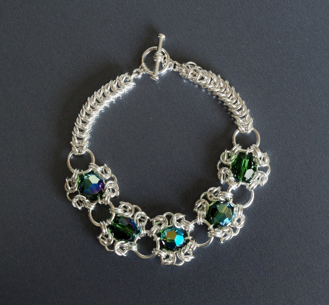 Moss Green Crystal Bracelet Beaded Romanov and Persian Weave - Etsy