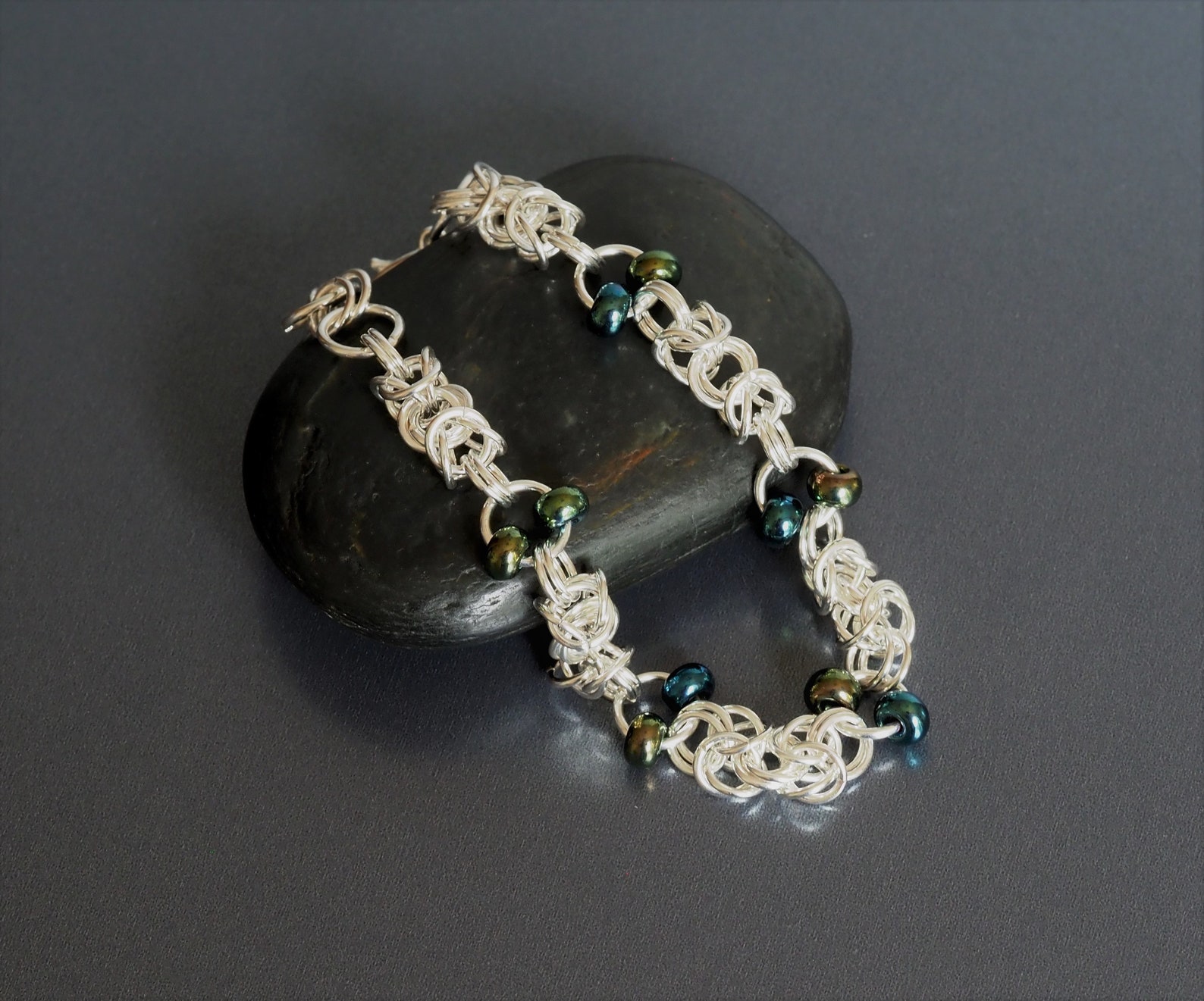 Green Iris Beaded Chainmaille Weave Bracelet With Mobius | Etsy