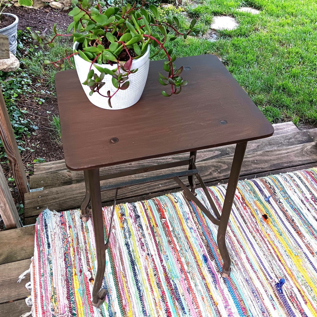 Vintage Rolling Table Wood Caster Wheels Industrial Metal Legs Wood Top ...
