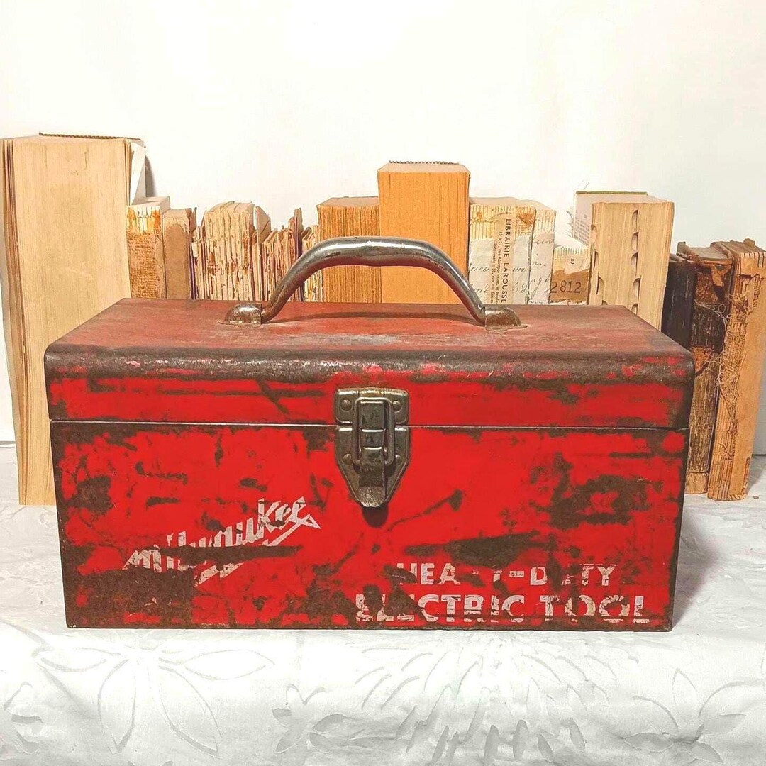 Vintage Metal Toolbox / Red Box With Latch / Hinged Lid Storage Box ...