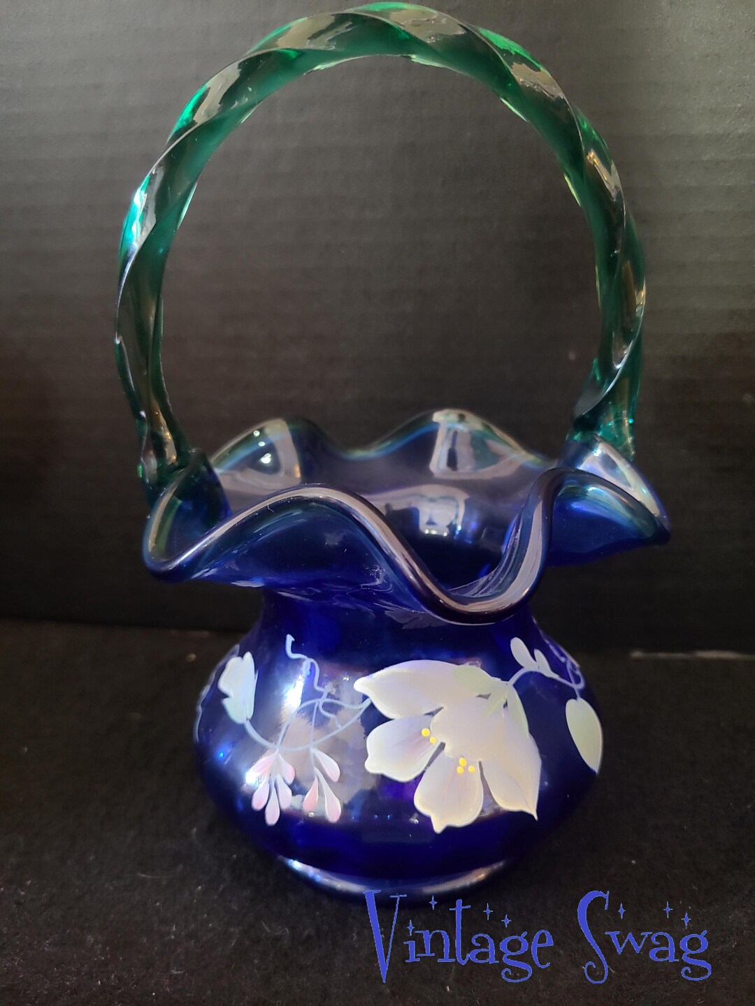 Beautiful Vintage Hand Painted Blue and Green Fenton Basket Original ...