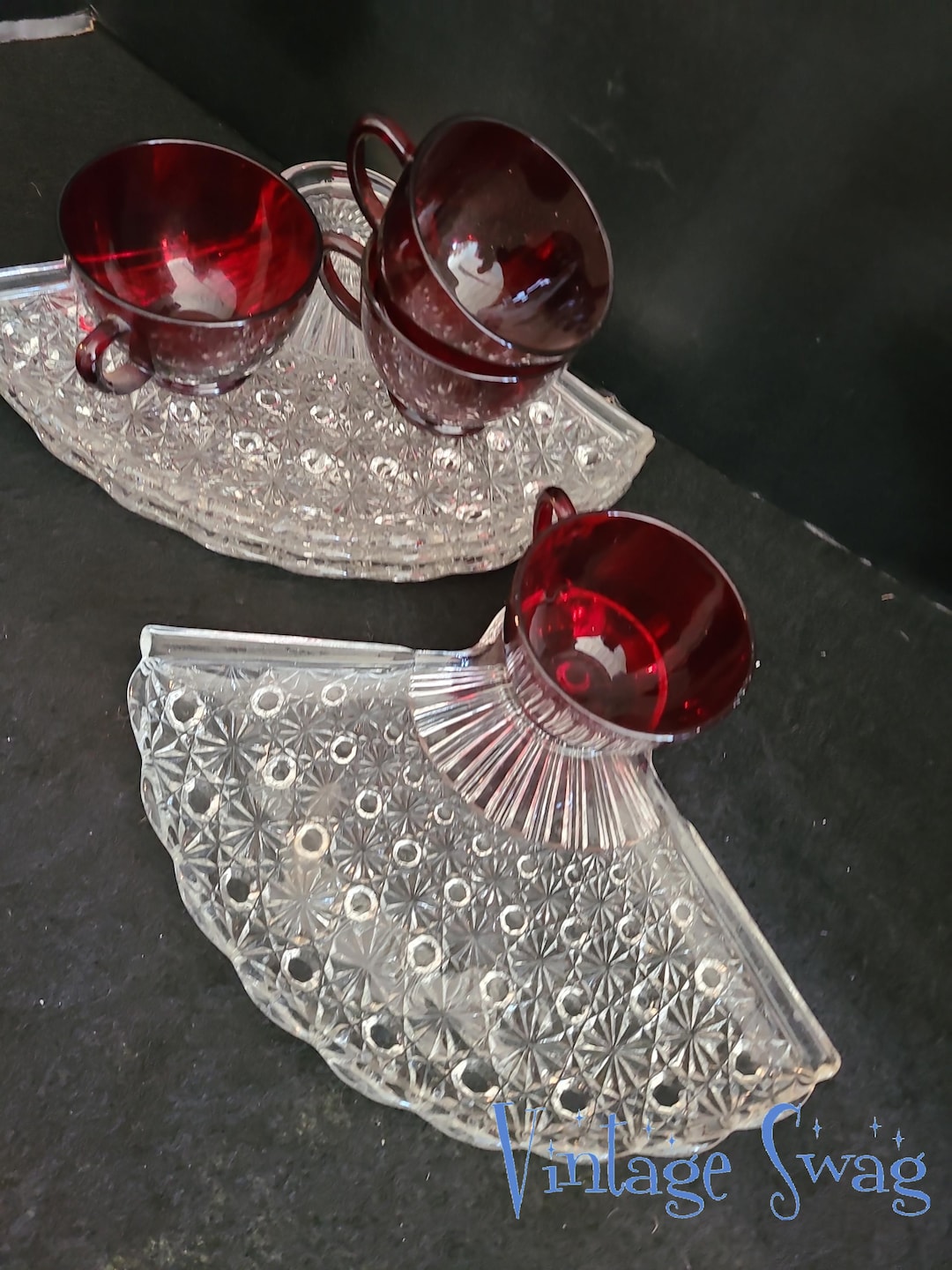 Vintage Anchor Hocking "royal Ruby" Red and Clear Fan Shapped Snack Set ...