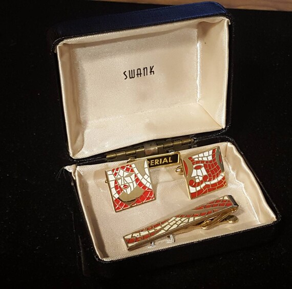 vintage cufflinks tie clip Swank "Imperial" mosiac re… - Gem