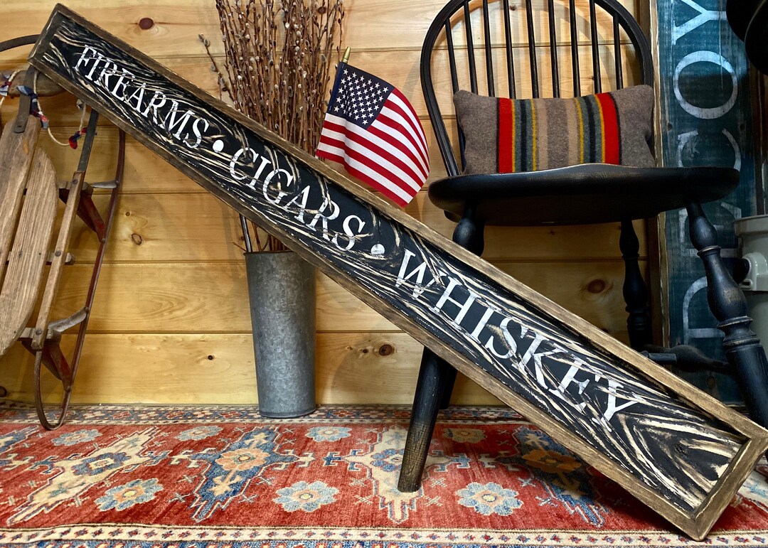 Wood Cigar Bar Sign Firearms Cigar Whiskey Sign Rustic Bar Decor Gun ...