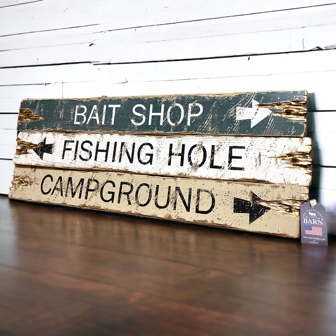 Distressed Fishing Signs, Rustic Lake House Decor, Bait Shop, National ...