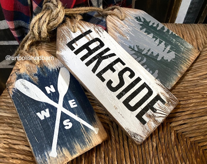 Rustic Lakeside Wood Tags, Lake House Sign, Log Cabin Decor, Wood Door ...
