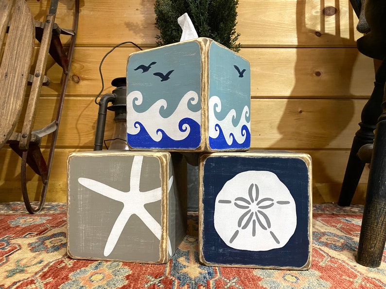 Coastal Beach House Wood Tissue Box Cover Starfish Sand - Etsy