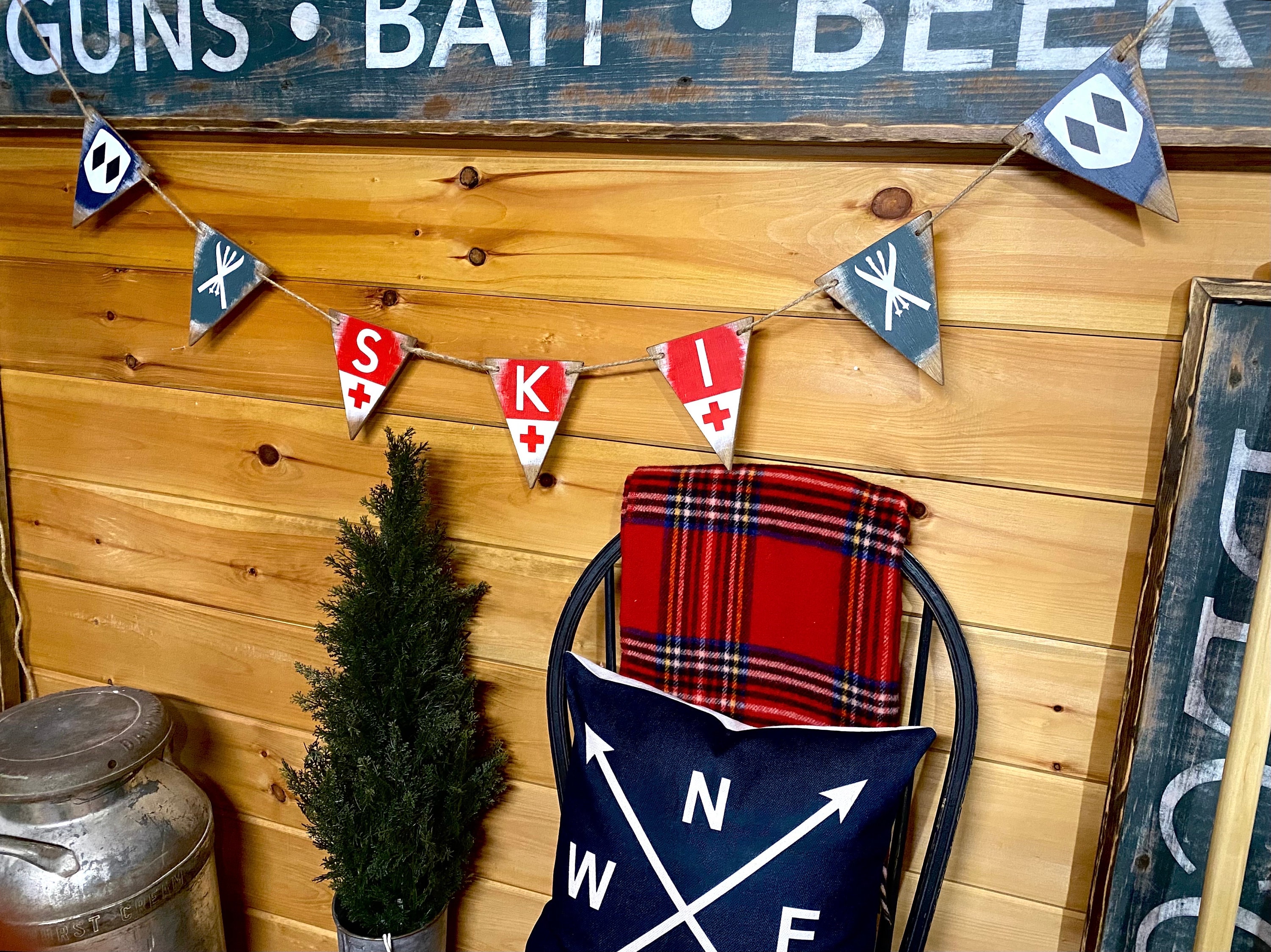 Rustic Ski Sign | Ski Lodge Decor | Log Cabin Pennant Wood Banner - Etsy