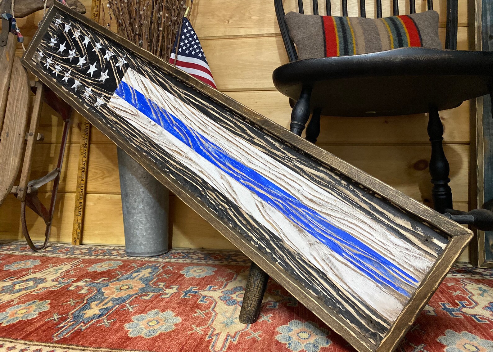 Rustic Thin Blue Line Wood Flag, Distressed Police Sign, Framed ...