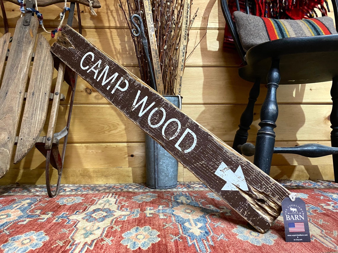 Camp Wood Sign | Rustic Log Cabin Decor | Directional Back Roads Sign ...