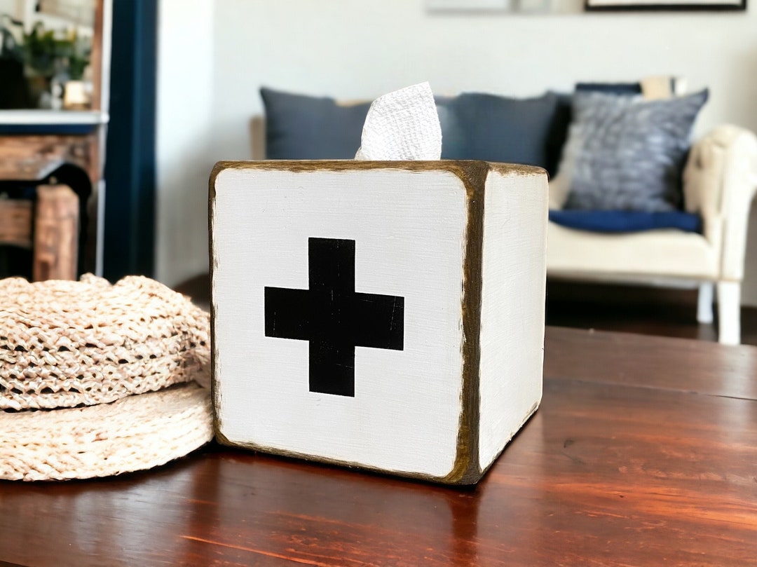 Farmhouse Bathroom Decor, Swiss Cross Tissue Box Cover, Black & White ...