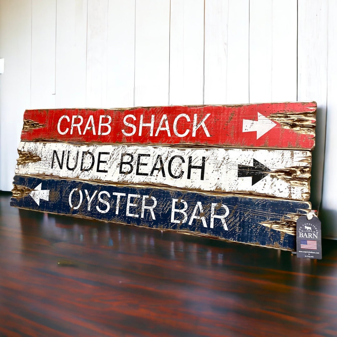Rustic Crab Shack Sign Set, Wood Nude Beach, Coastal Kitchen, Nautical ...