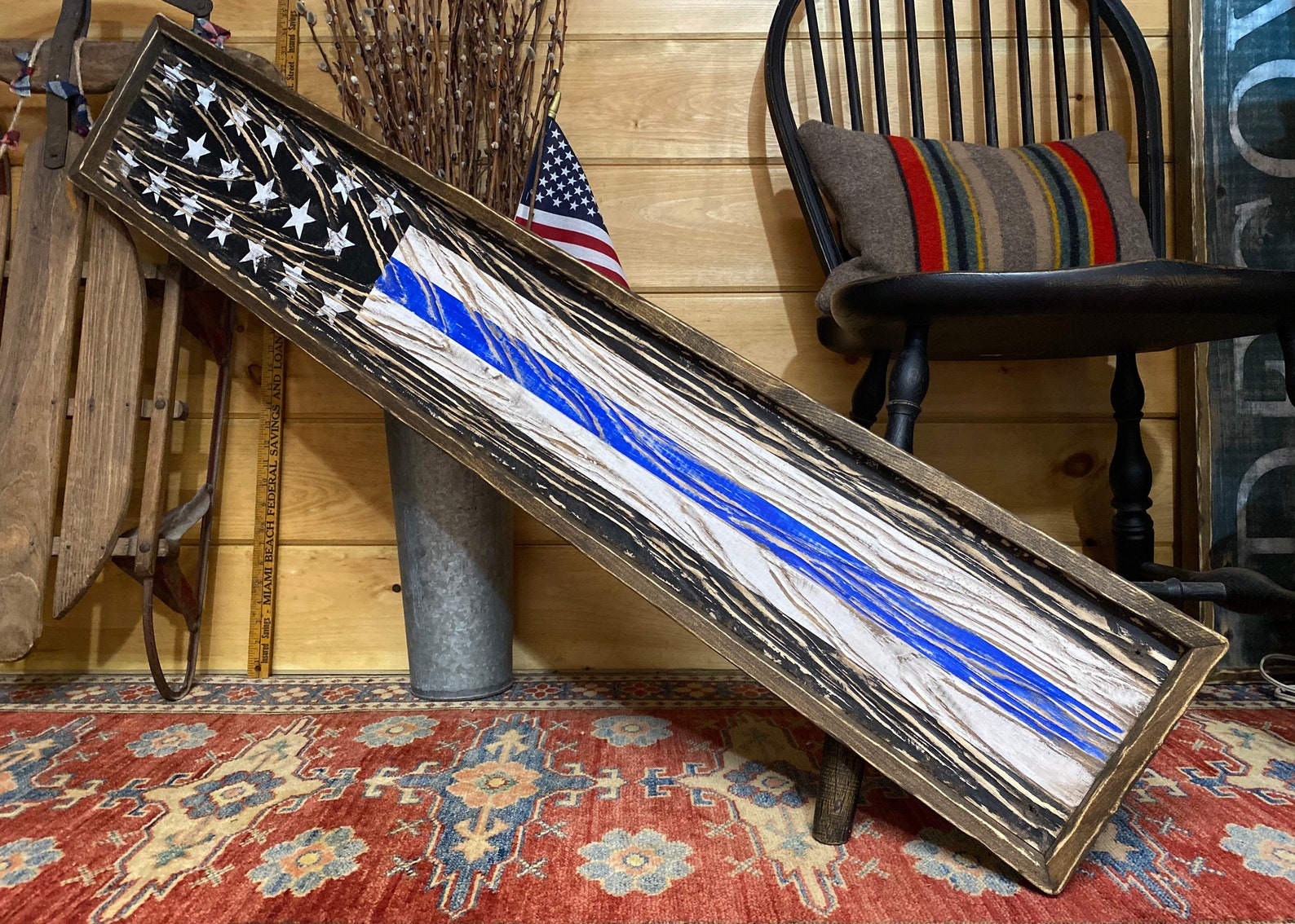 Rustic Thin Blue Line Wood Flag, Distressed Police Sign, Framed ...