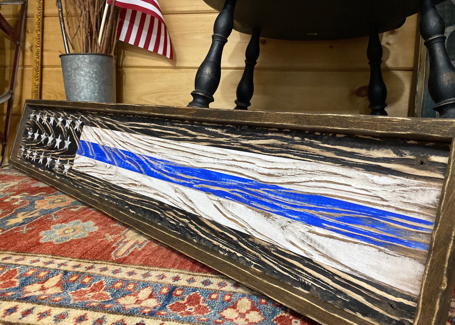 Rustic Thin Blue Line Wood Flag, Distressed Police Sign, Framed ...