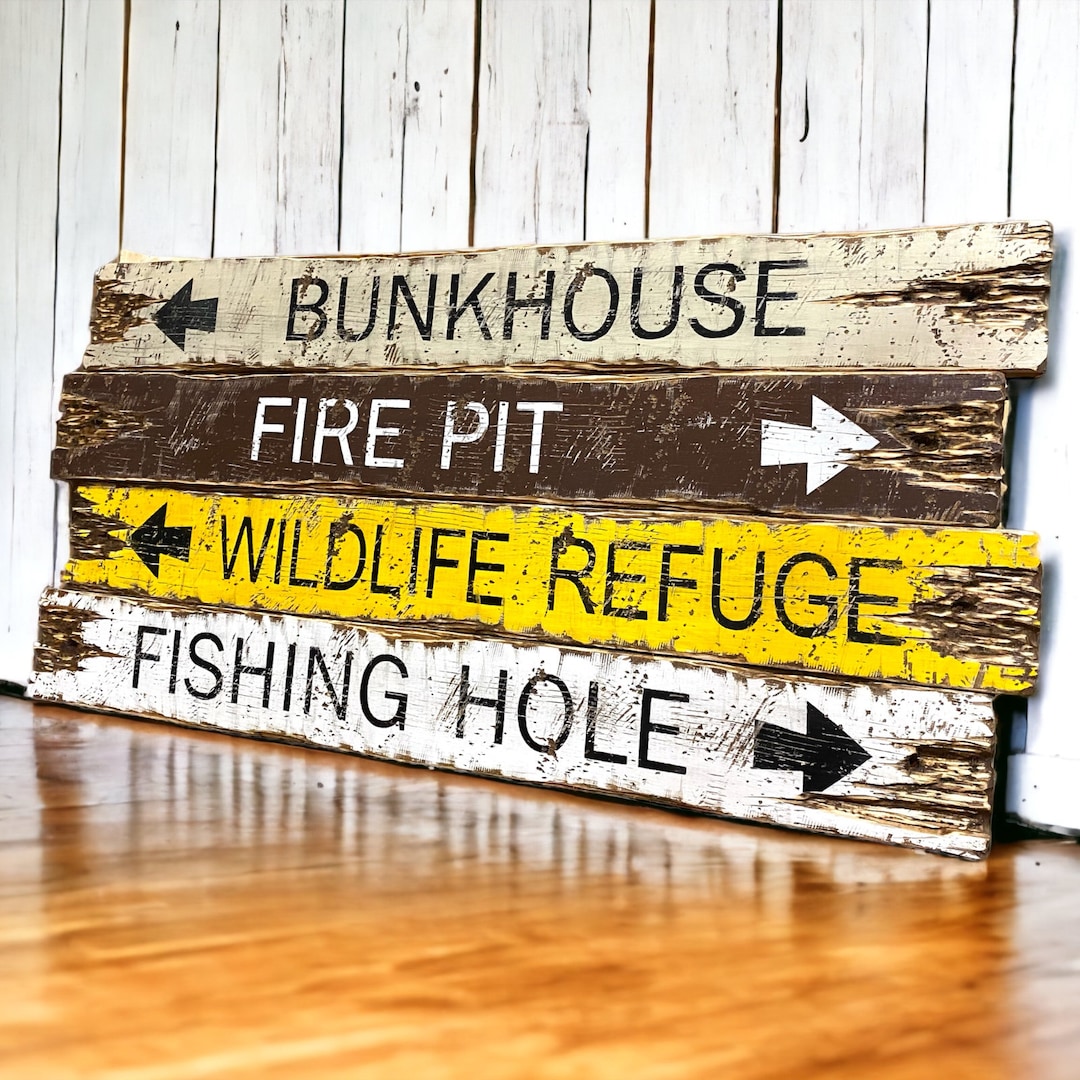Bunkhouse Camping Sign Set, Rustic Wood Log Cabin Decor, Fire Pit ...