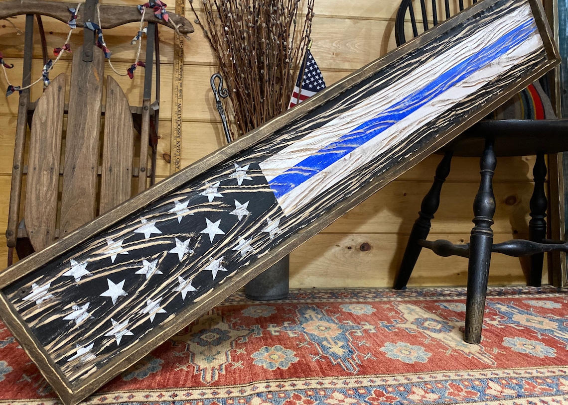Rustic Thin Blue Line Wood Flag, Distressed Police Sign, Framed ...