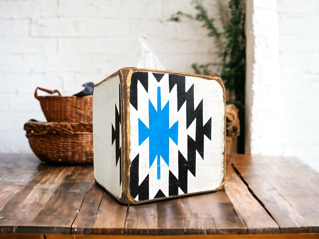 Southwestern Tissue Box Cover, Rustic Wood Tribal Bathroom Decor, Aztec ...