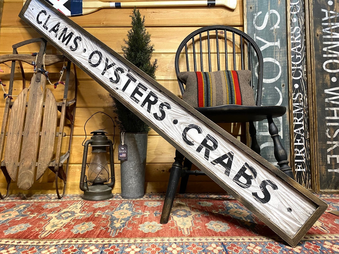 Rustic Clams Oysters Crabs Sign, Wood Seafood Sign, Coastal Kitchen ...