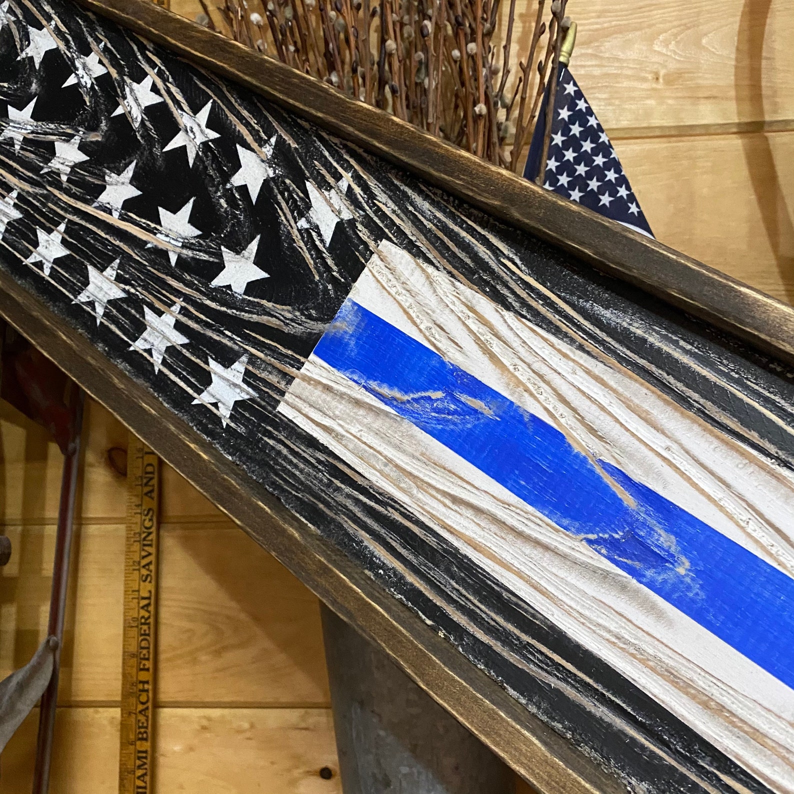 Rustic Thin Blue Line Wood Flag, Distressed Police Sign, Framed ...