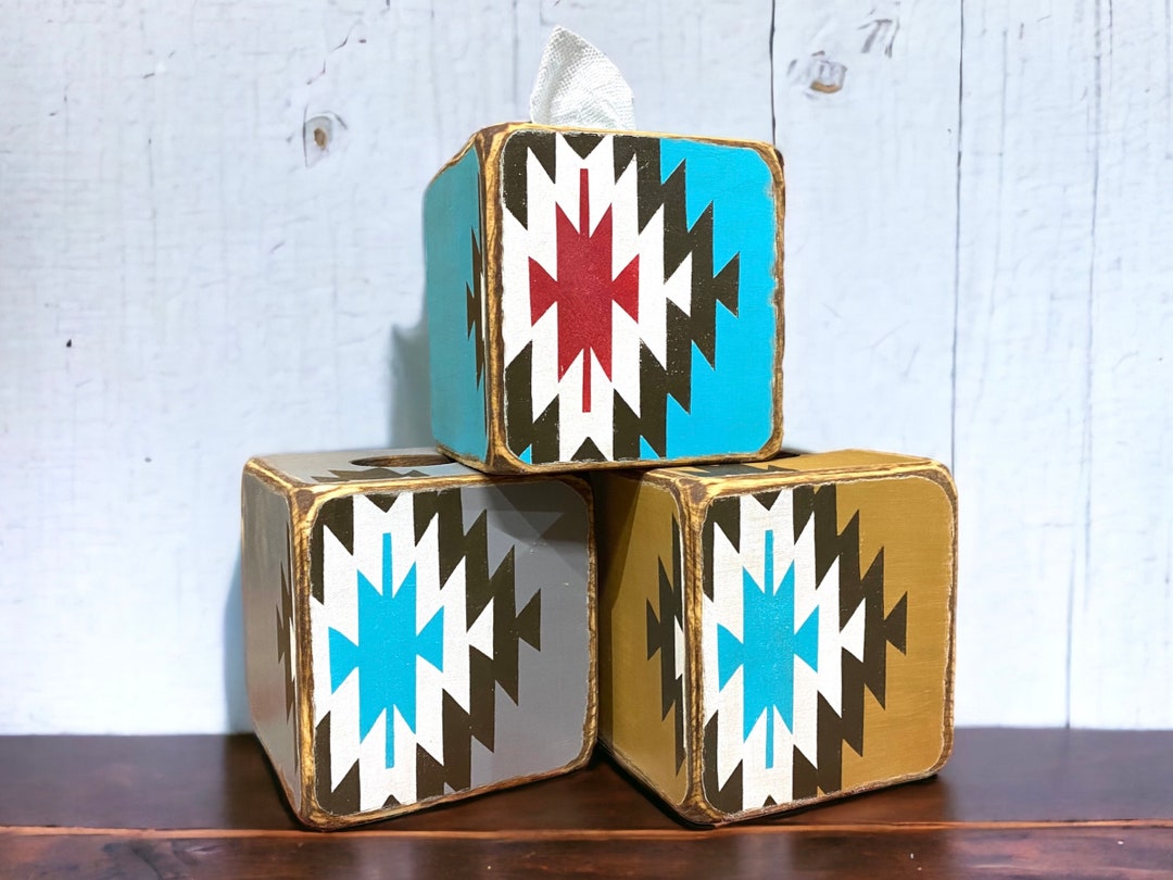Southwestern Turquoise Tissue Box Cover, Rustic Wooden Western Bathroom ...