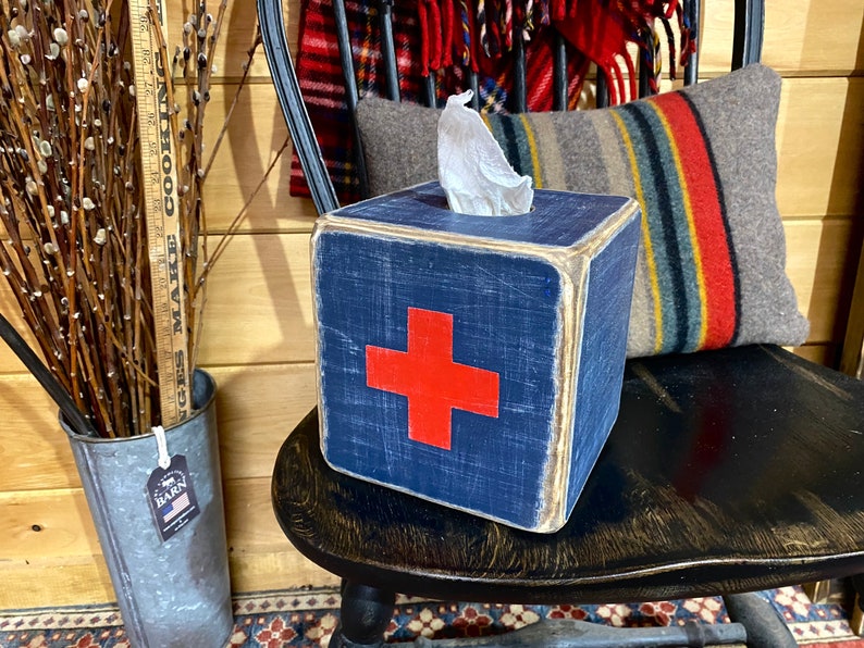 Navy Blue First Aid Tissue Box Cover Log Cabin Ski Decor - Etsy
